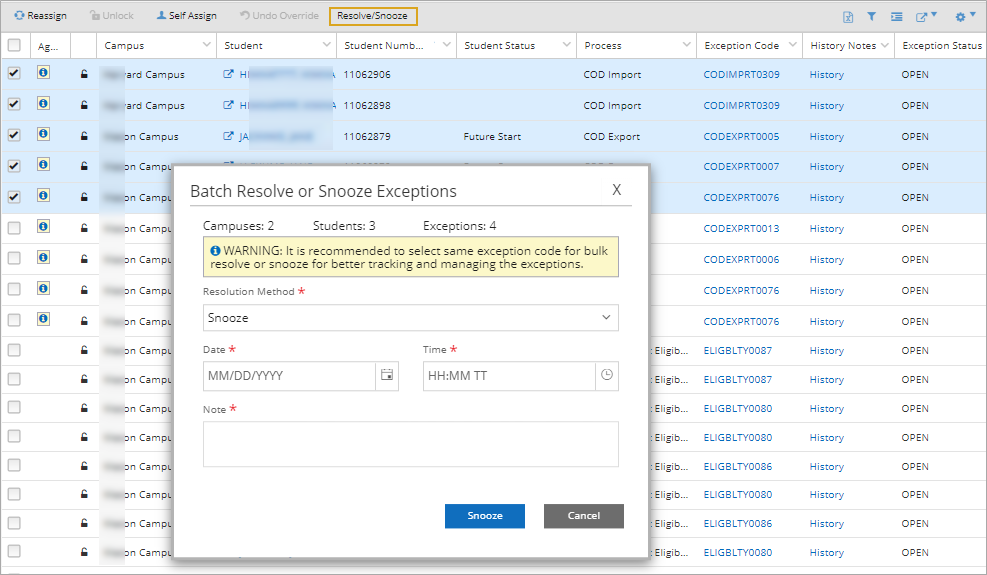Resolve/Snooze Exceptions in Batch